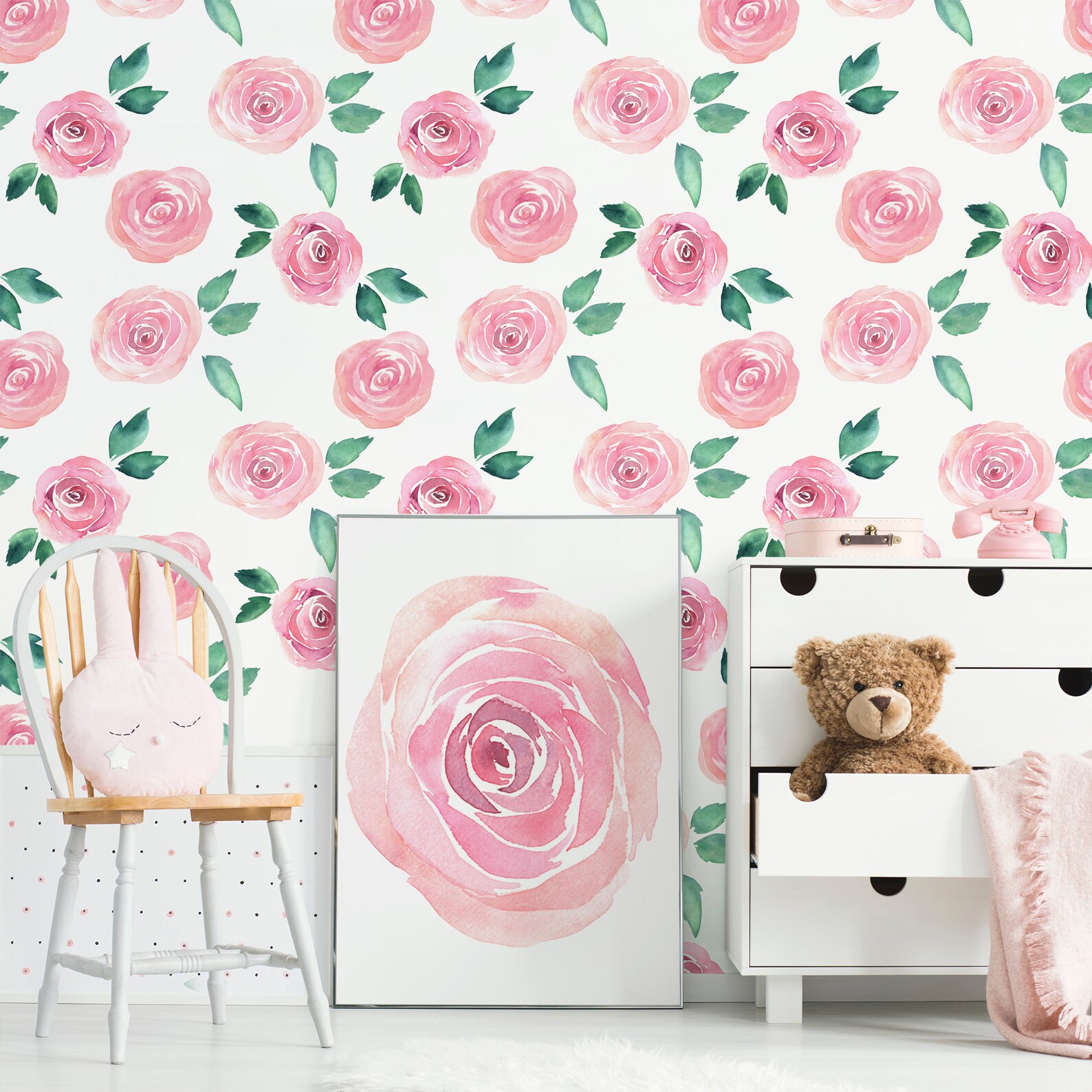 Nursery wallpaper with pink roses watercolor removable | Etsy