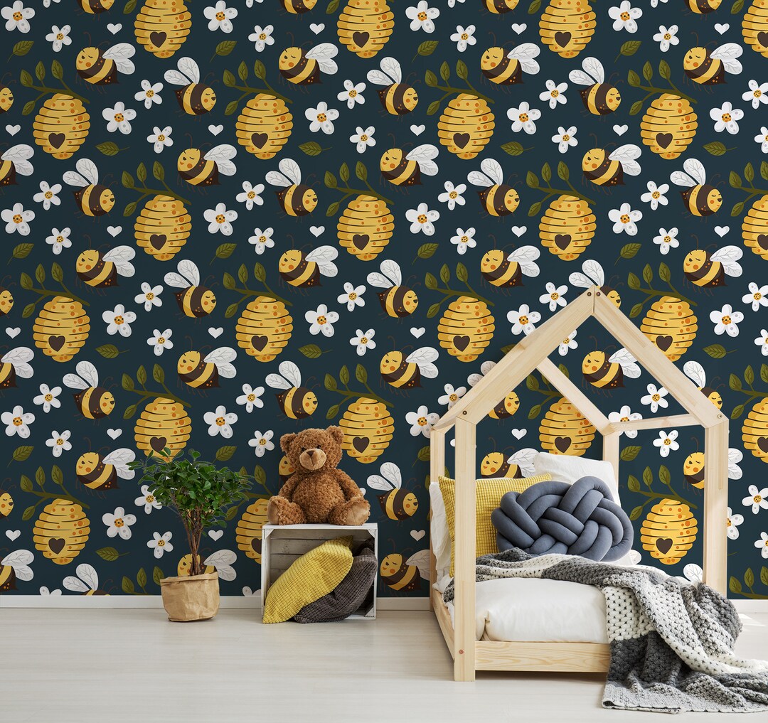 Kids Wallpaper With Bees, Nursery Wallpaper, Animal Wallpaper, Kids ...
