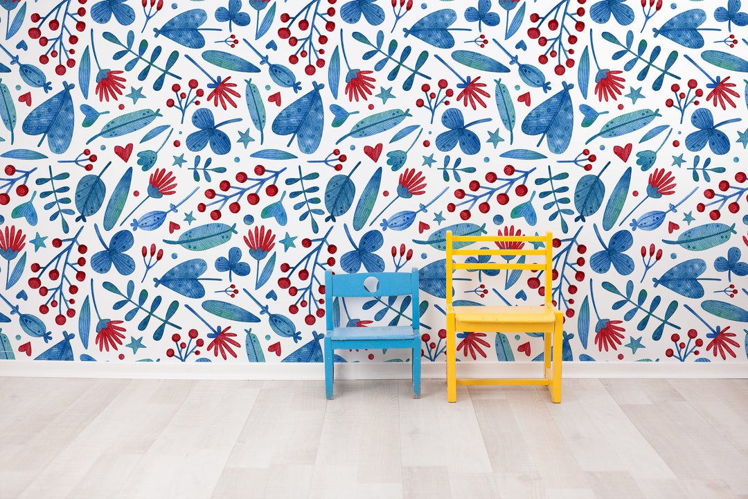 Watercolor Kids Wallpaper, Blue Leaves and Red Flowers Nursery ...
