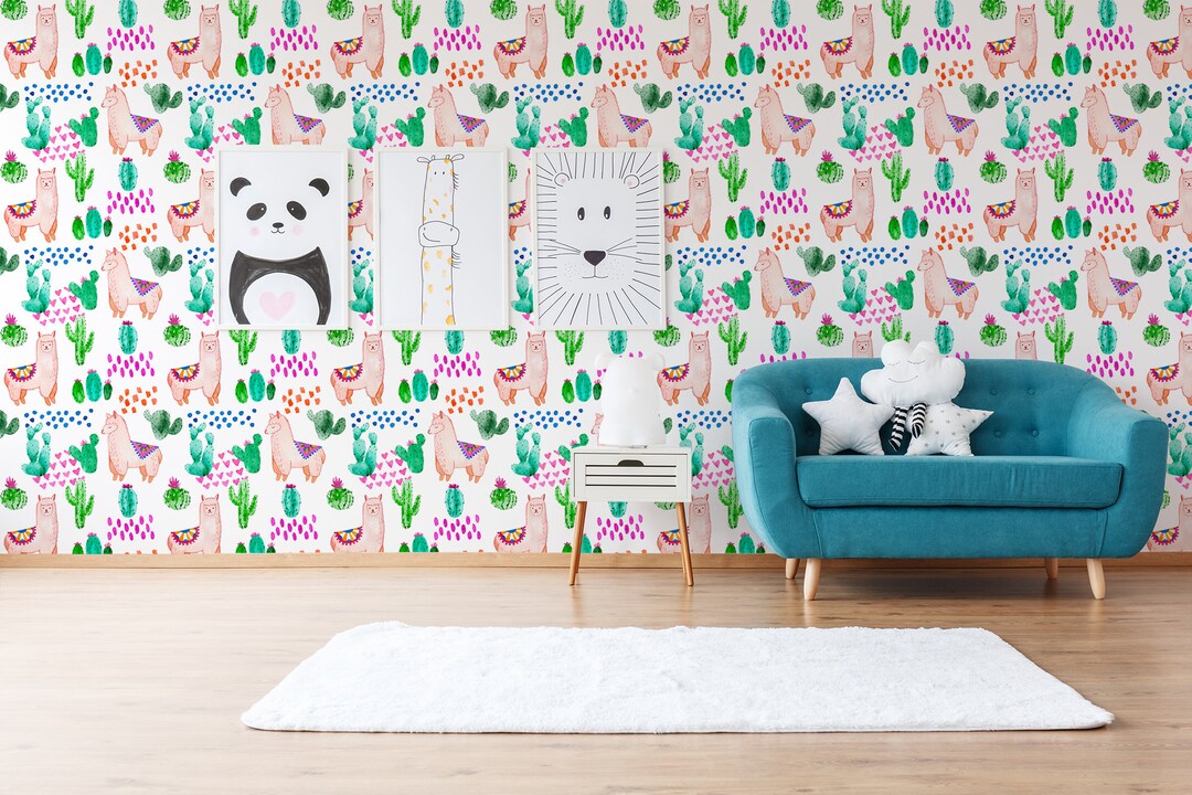Alpaca Removable Wallpaper, Watercolor Nursery Wallpaper, Lovely ...