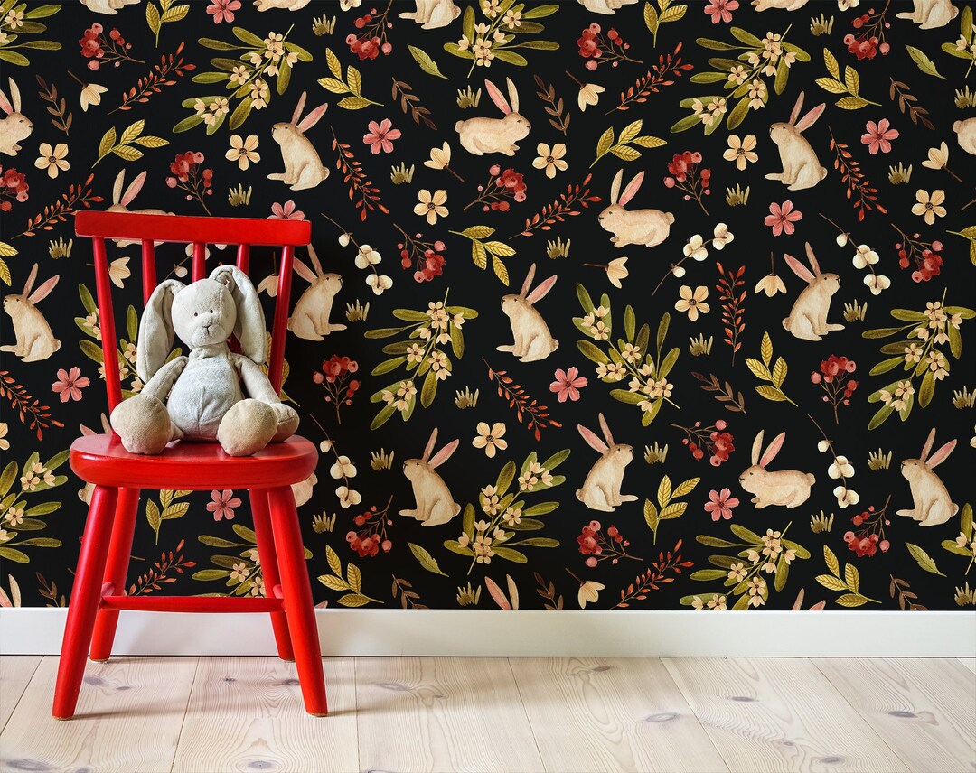 Kids Nursery Wallpaper, Rabbits and Flowers, Animal Wallpaper, Baby ...