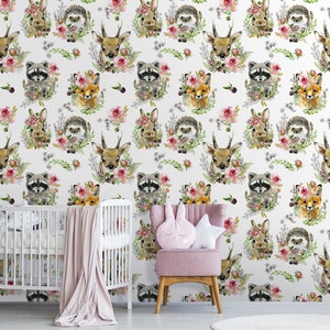 Baby Animals Wallpaper, Kids Nursery Wallpaper, Removable Woodland ...