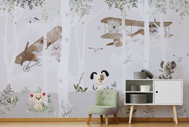 Animals and Planes Wallpaper Mural for Nursery Kids - Etsy Animals and Planes Wallpaper Mural for Nursery Kids - Etsy