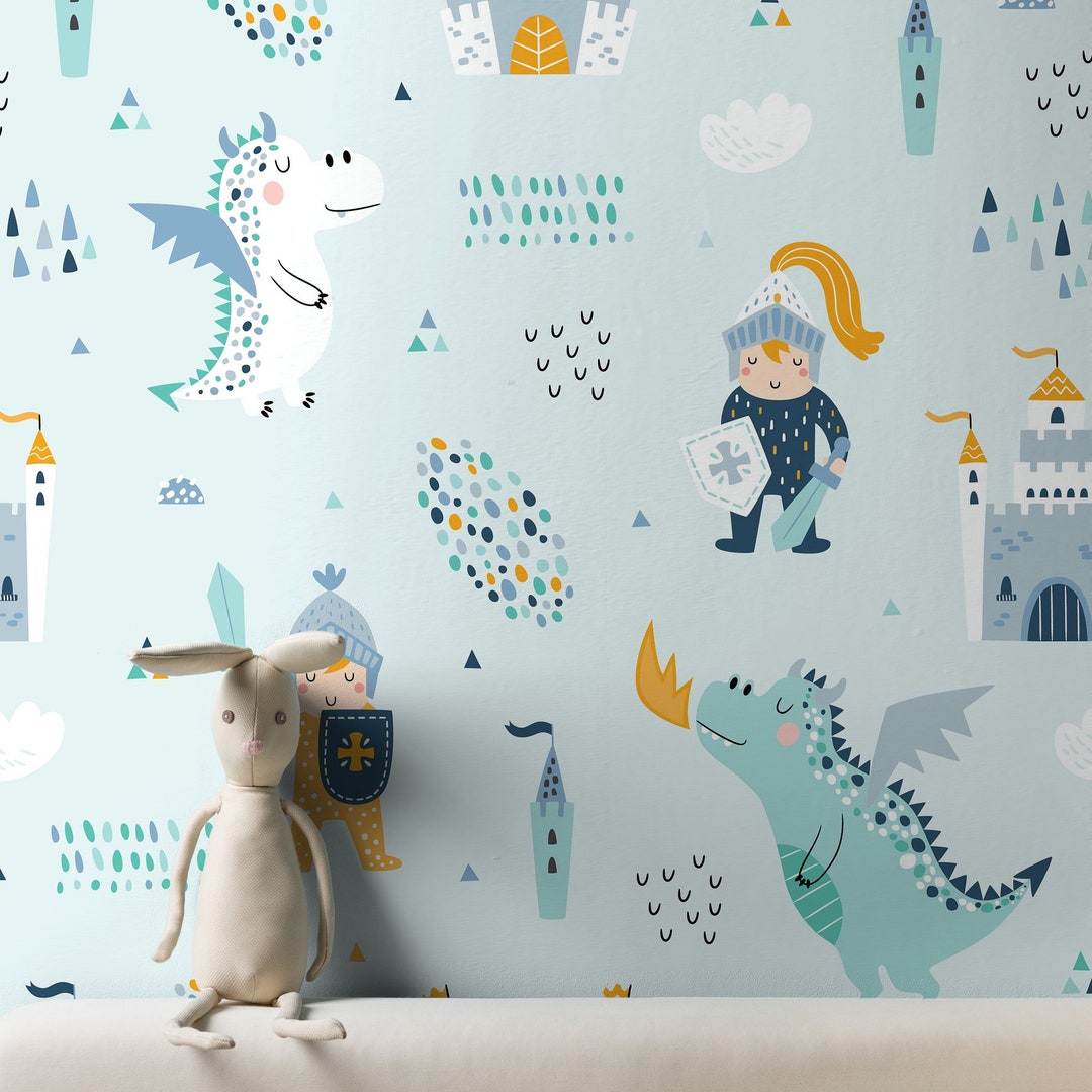 Fairy Tale Nursery Kids Wallpaper, Dragon Knight and Castle Pattern ...