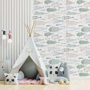 Cute Happy Fish Wallpaper, Sketch Style Seamless Pattern, Nursery Wall ...