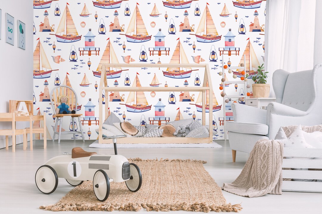 Kids Wallpaper With Sea Motifs, Watercolor Pattern With Sailboat ...