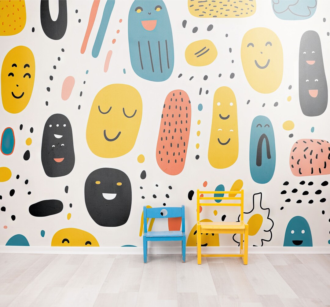 Abstract Wall Mural, Kids Wallpaper, Happy Faces, Nursery Wall Print ...
