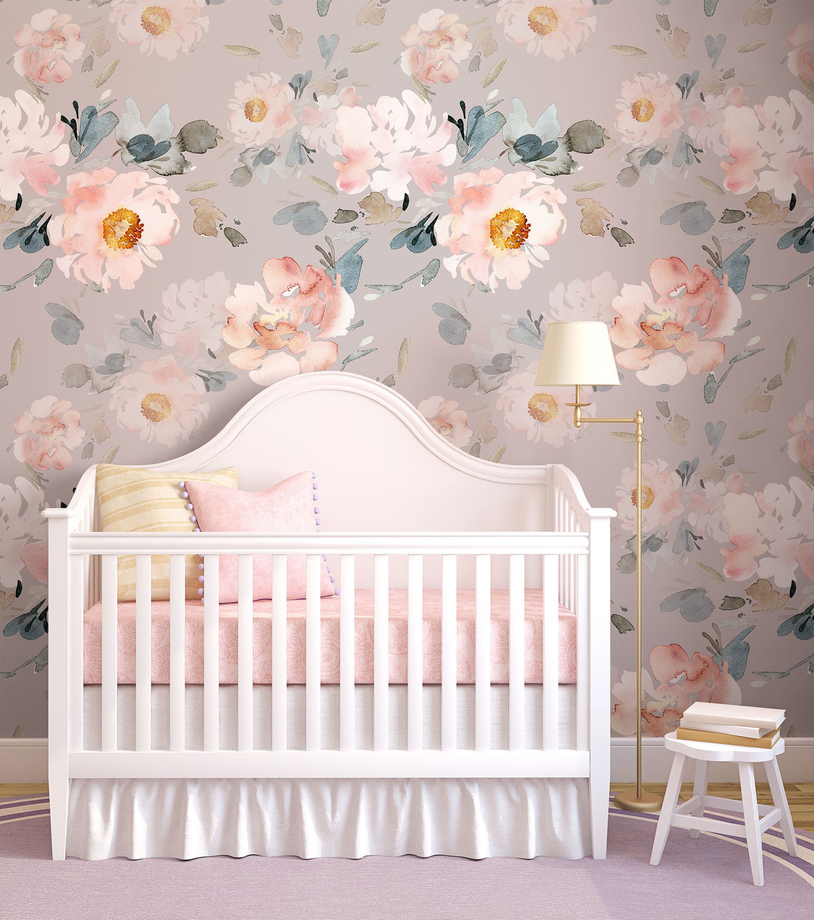 Dark Beige Wallpaper With Watercolor Pink Blossoms Kids - Etsy