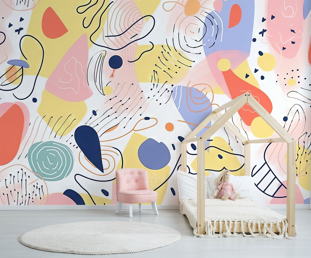 Kids Wallpaper, Abstract Shapes Wall Mural, Colorful Mural, Nursery ...