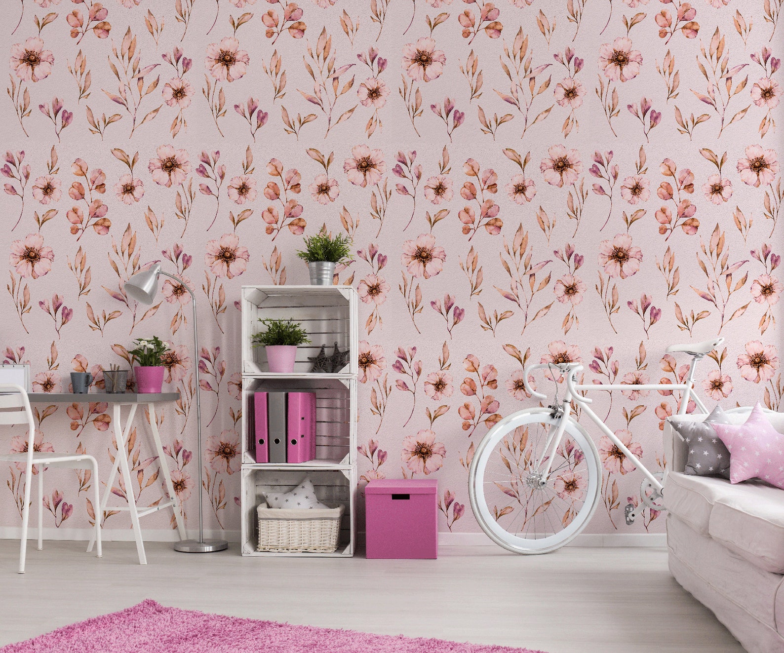 Pink Floral Kids Wallpaper, Nursery Removable Wallpaper, Peel and Stick ...
