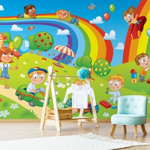 Colorful Self Adhesive Wall Mural, Vector Illustration, Kids Playing ...