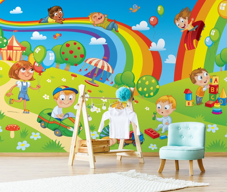 Colorful self adhesive wall mural vector illustration kids | Etsy