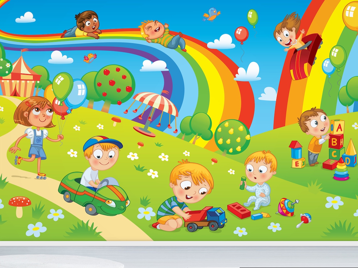Colorful Self Adhesive Wall Mural, Vector Illustration, Kids Playing ...