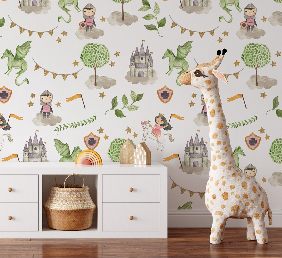 Fairy Tale Nursery Kids Wallpaper, Dragon Knight and Castle Pattern ...