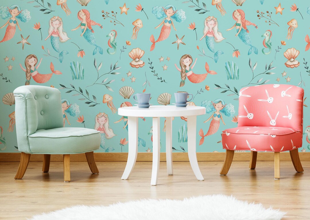 Aquamarine Mermaids Wallpaper, Sea Life, Girls Room Pattern, Nursery ...