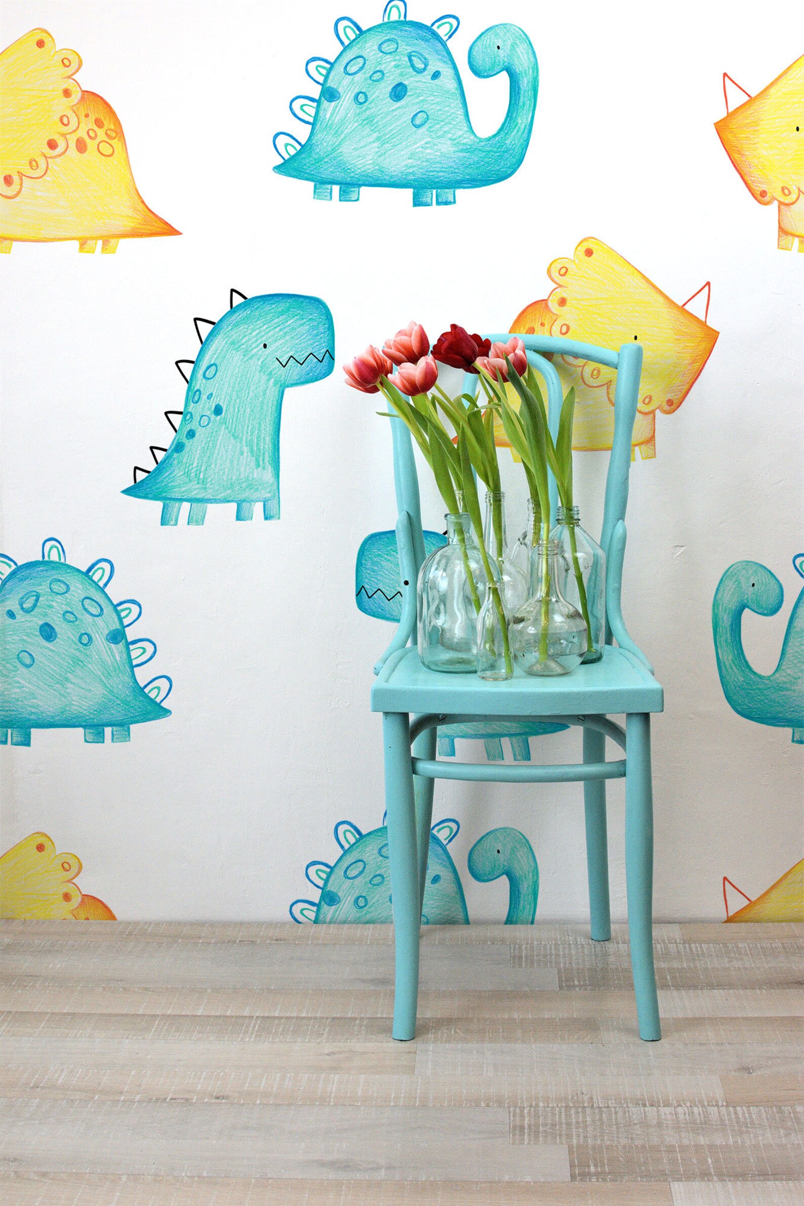 Blue and Yellow Dino Wallpaper Hand Drawn Dinosaur Nursery - Etsy