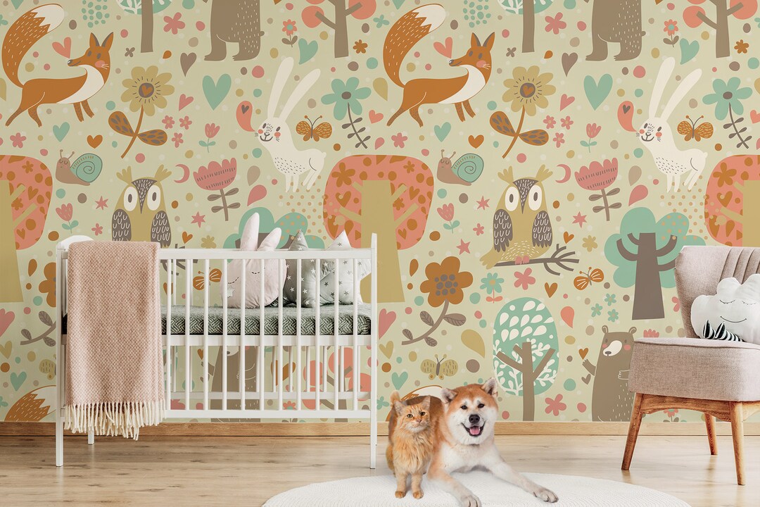 Woodland Animals Removable Wallpaper, Pattern With Forest Animals and ...