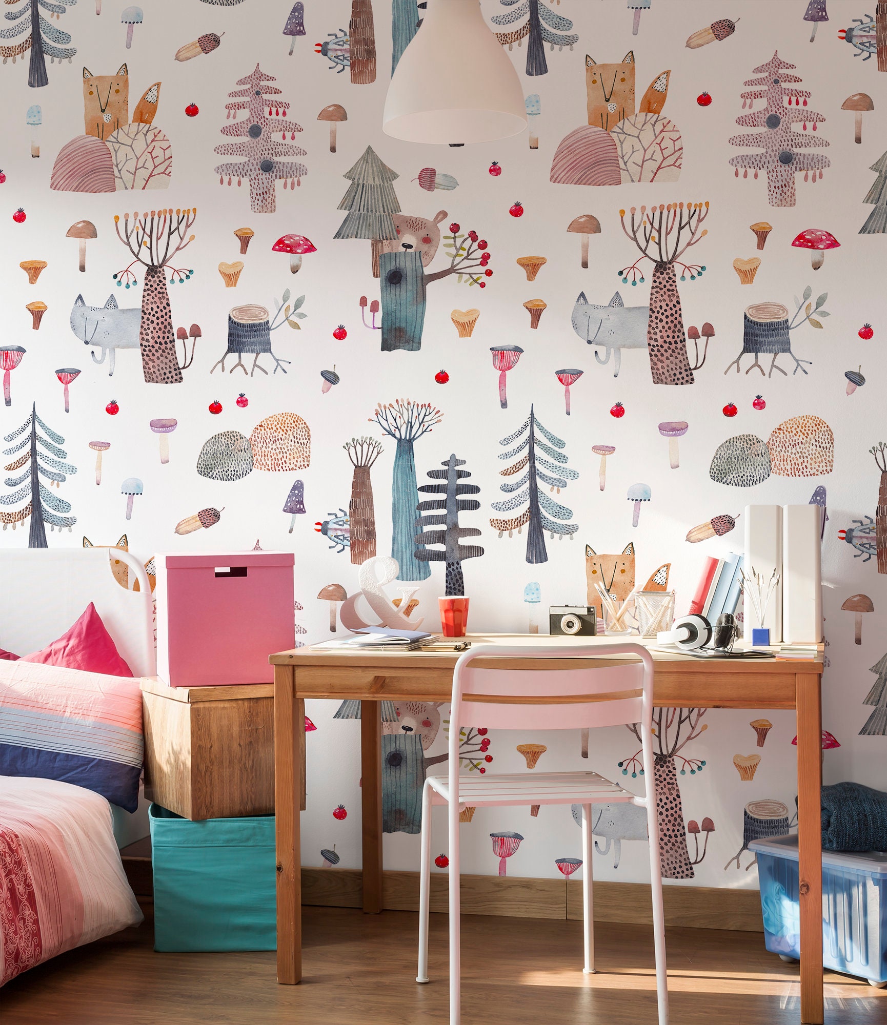 Watercolor Childish Wallpaper With Trees and Cute Animals | Etsy