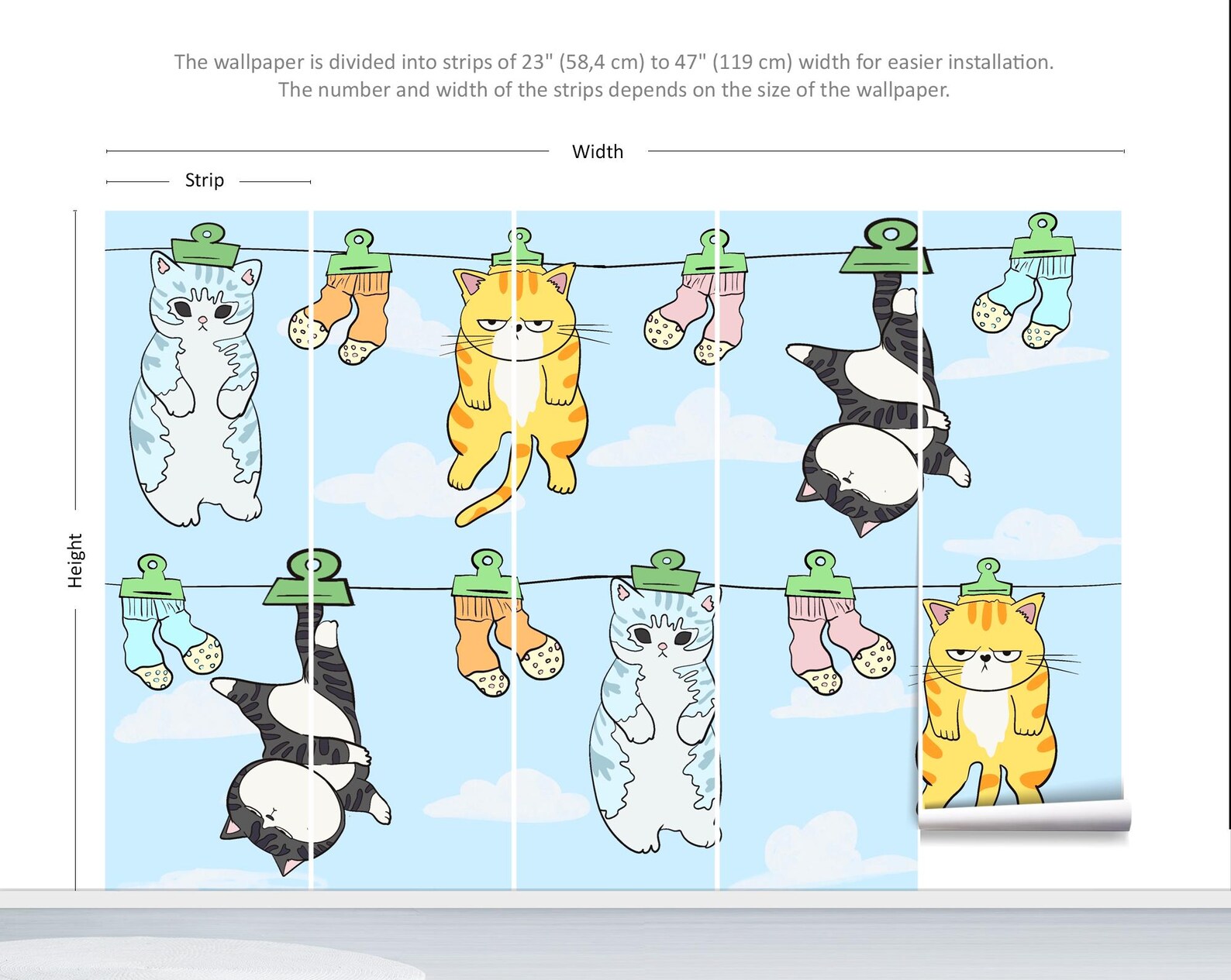 Goofy Cute Cats Wallpaper, Light Blue, Colorful Pattern Wall Mural ...