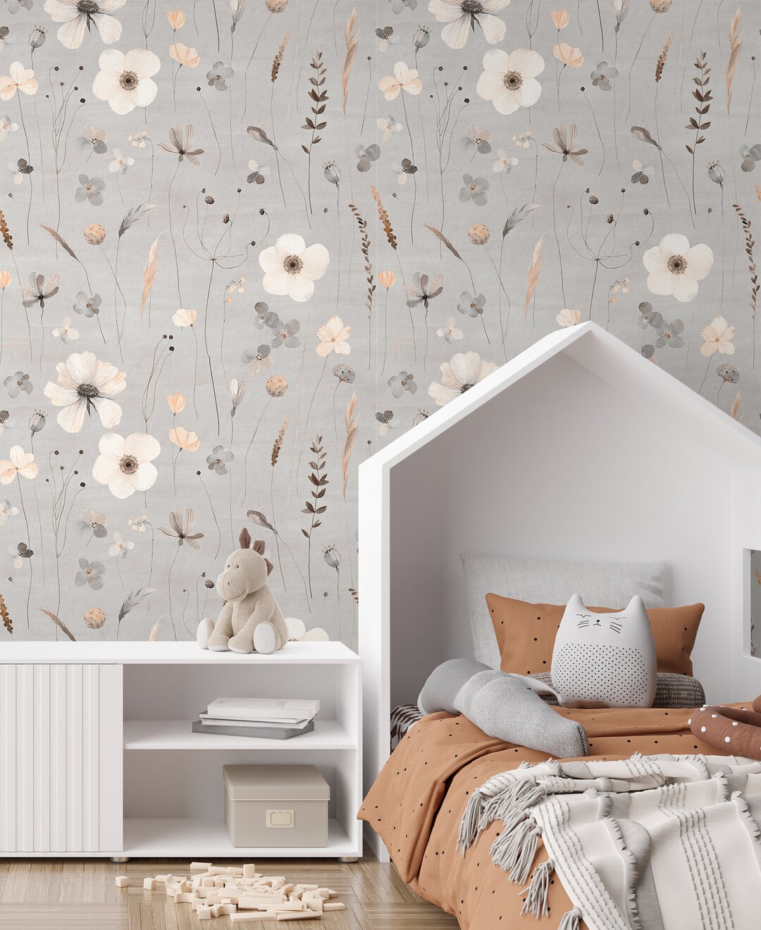 Floral Wall Mural, Neutral Colors Kids Wallpaper, Nursery Wall Print ...