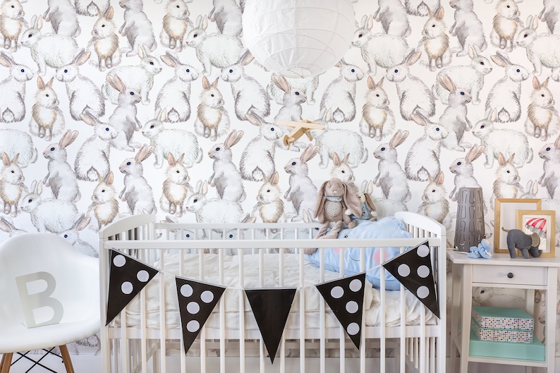 White Rabbit Self Adhesive Wallpaper Nursery Wallpaper - Etsy