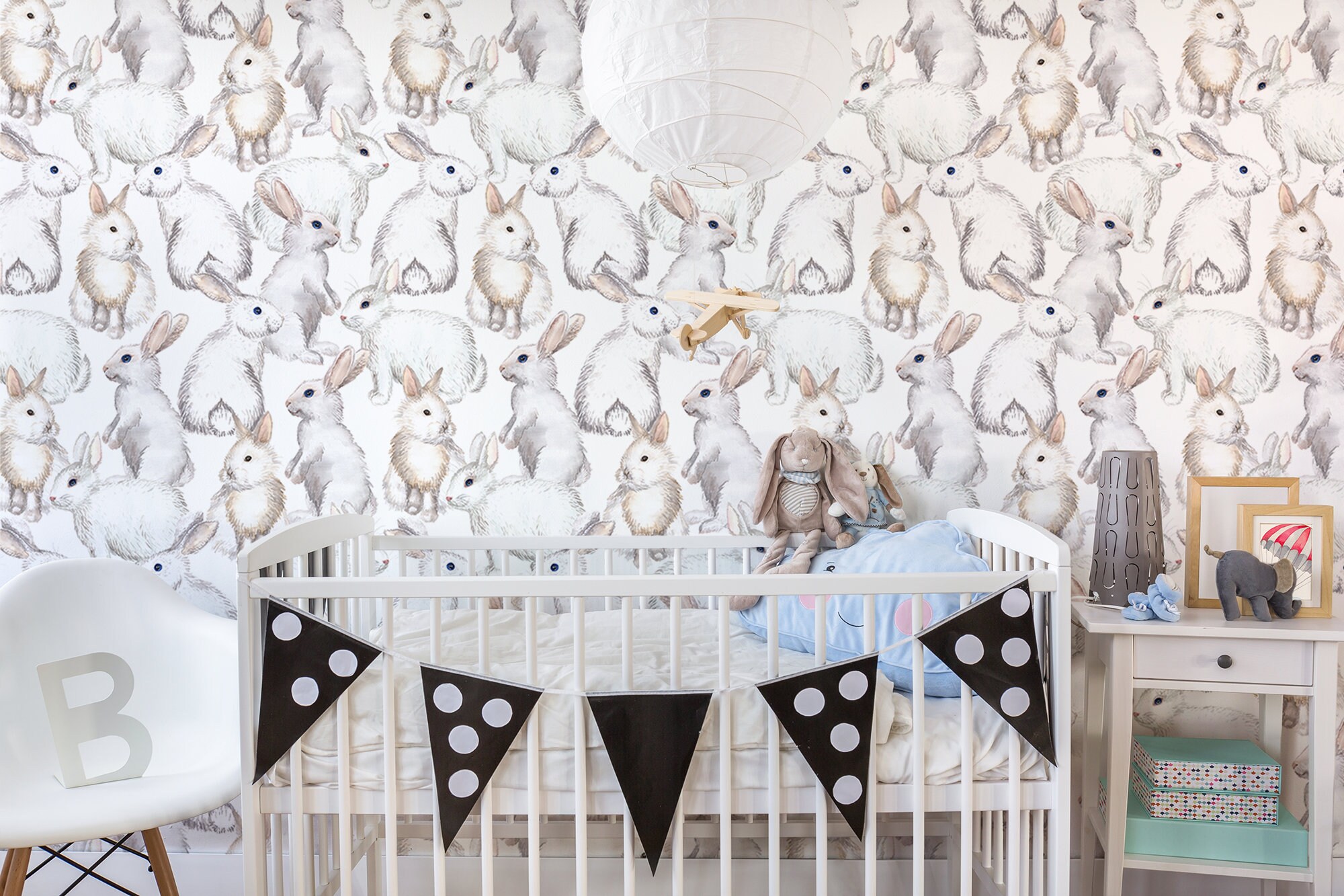 White rabbit self adhesive wallpaper nursery wallpaper | Etsy