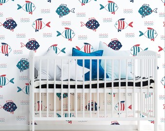 Childish Wallpaper With Fish, Kids Mural, Nursery Wallpaper, Peel ...