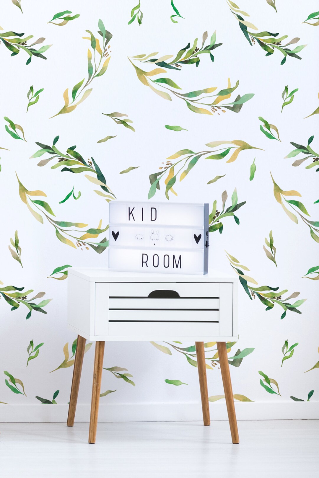 Nursery Wallpaper With Delicate Pattern of Leaves, Peel and Stick Wall ...
