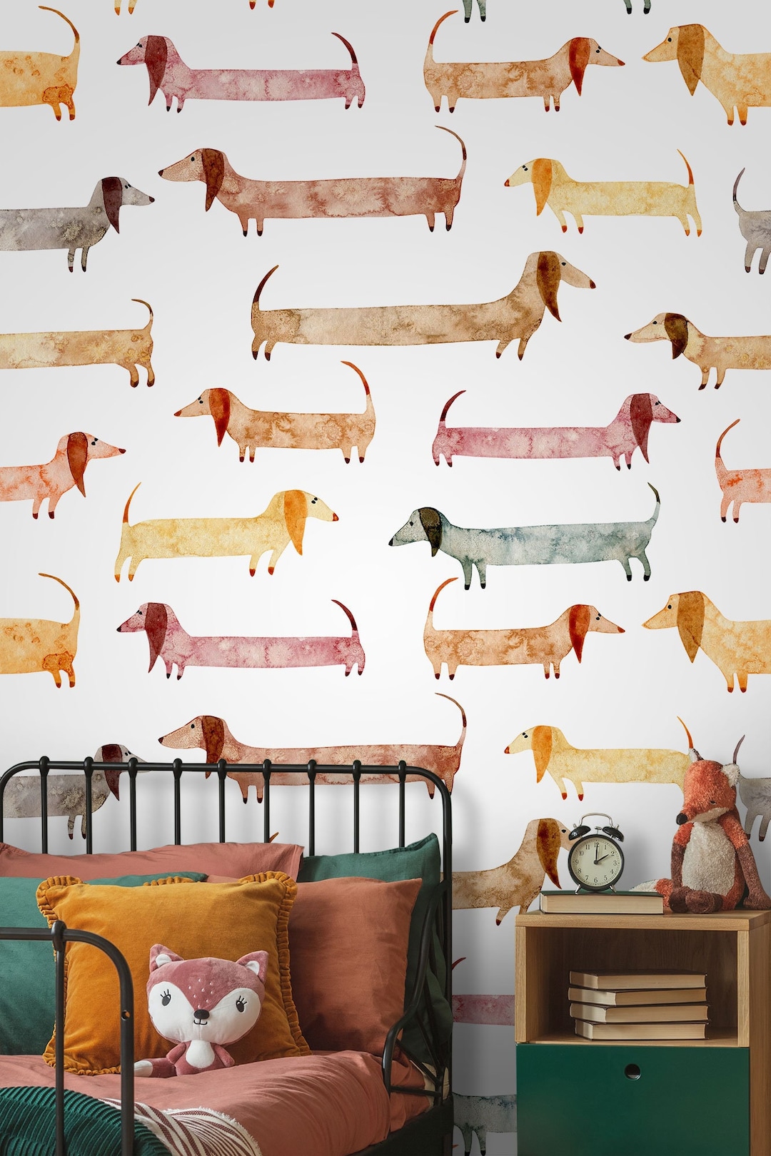 Watercolor Dachshund Dog Wallpaper, Animal Pattern, Kids Room Wall ...