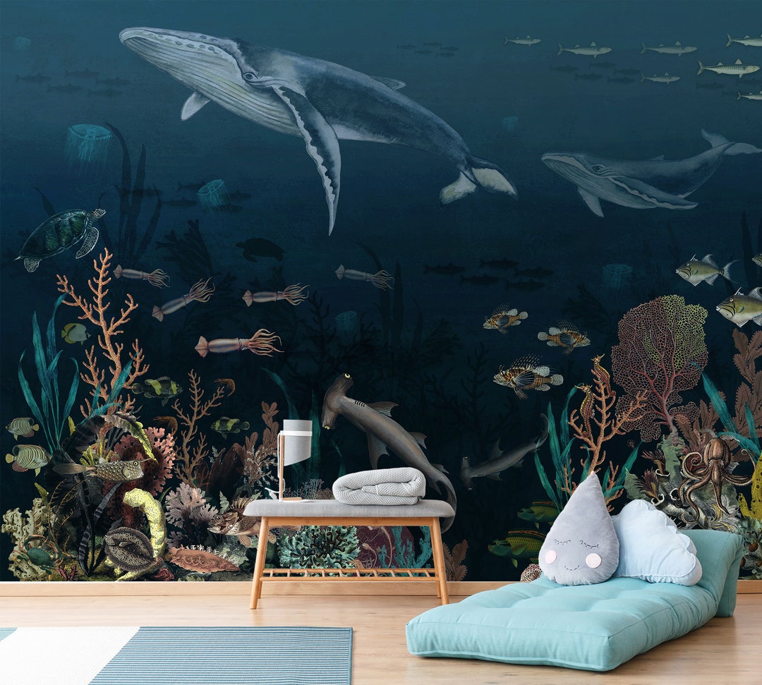Dark Nursery Wallpaper, Sea Life Wallpaper, Animal Watercolor Pattern ...