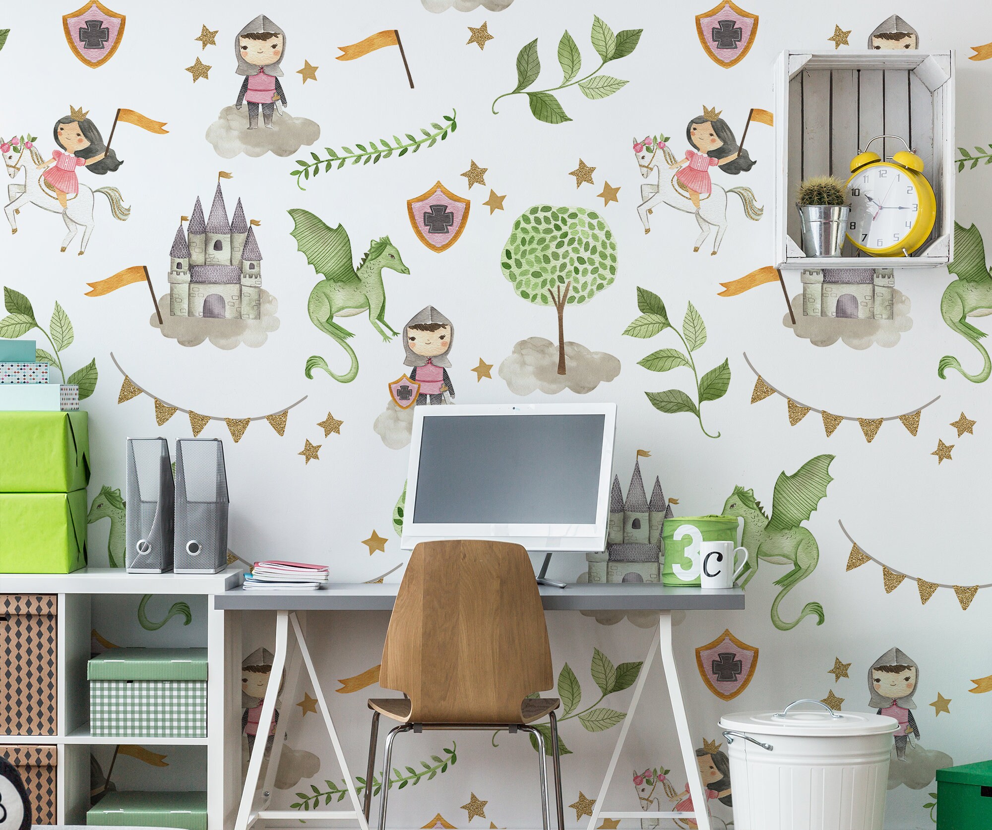 Fairy Tale Nursery Kids Wallpaper Dragon Knight and Castle | Etsy