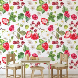 Raspberry and Strawberry Wallpaper, Forest Fruit Nursery Wallpaper ...