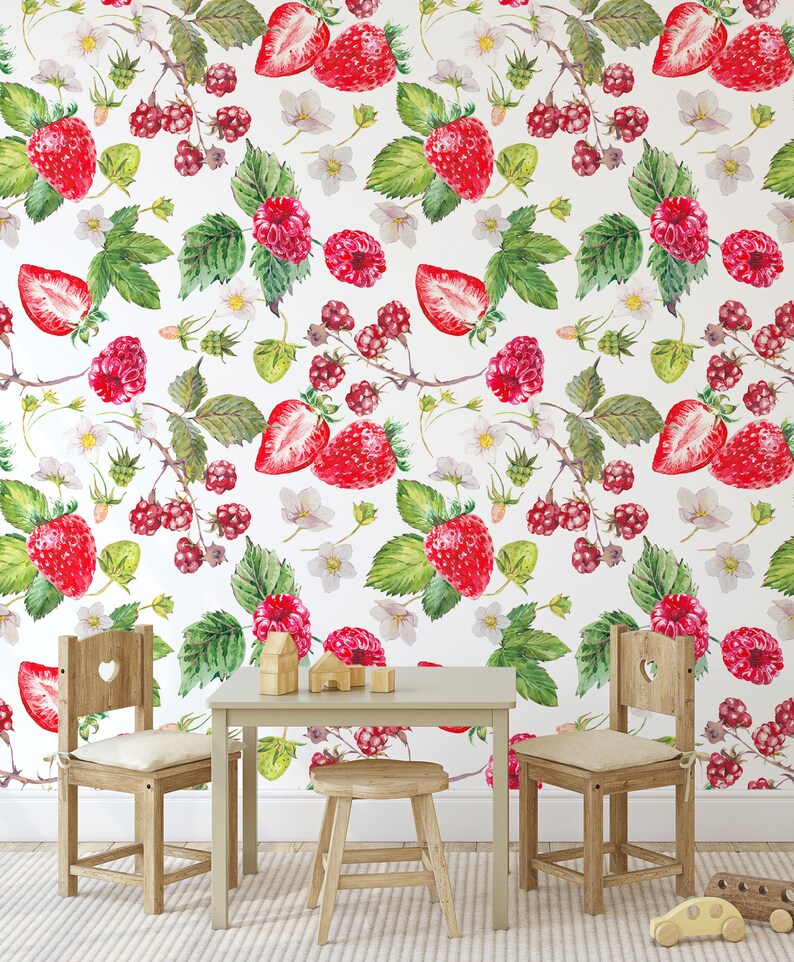 Raspberry and Strawberry Wallpaper Forest Fruit Nursery - Etsy