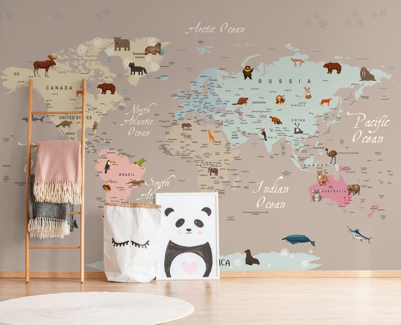 Kids World Map Wall Mural Map of the World Wallpaper Nursery - Etsy