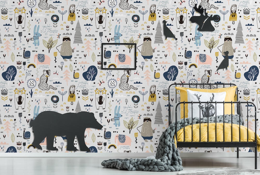 Wild Animals Wallpaper, Pattern With Flowers, Bear, Bunny, Leopard ...