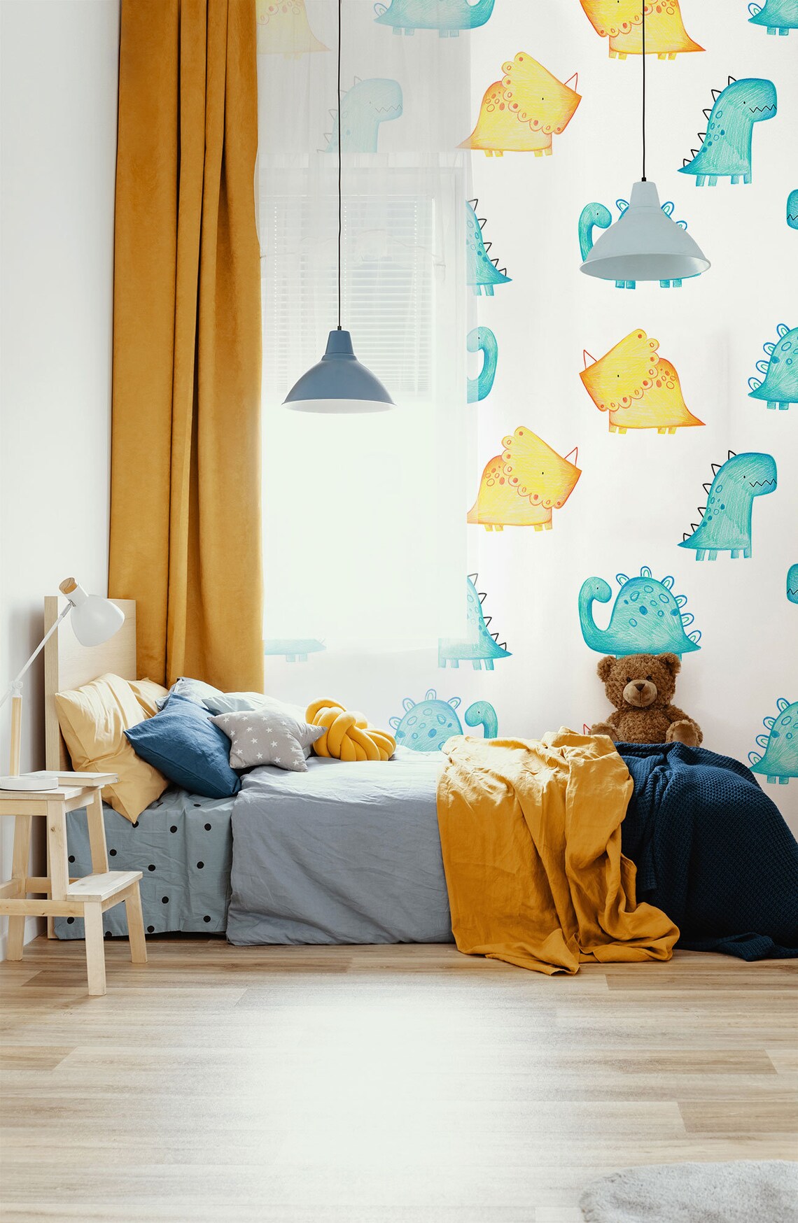 Blue and Yellow Dino Wallpaper Hand Drawn Dinosaur Nursery - Etsy
