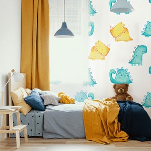 Blue and Yellow Dino Wallpaper, Hand Drawn Dinosaur Nursery Wallpaper ...