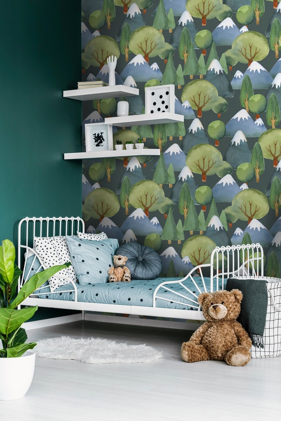 Green Forest Wallpaper Pattern With Trees and Blue Mountains | Etsy