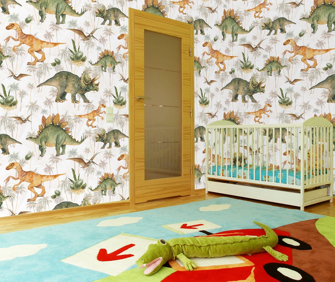 Dinosaur Wallpaper, Kids Nursery Wallpaper, Animal Watercolor Pattern ...