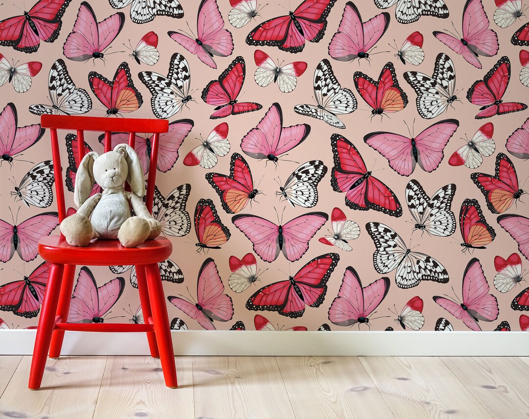 Red & Pink Butterfly Wallpaper, Insect Pattern, Kids Room Wall Mural ...