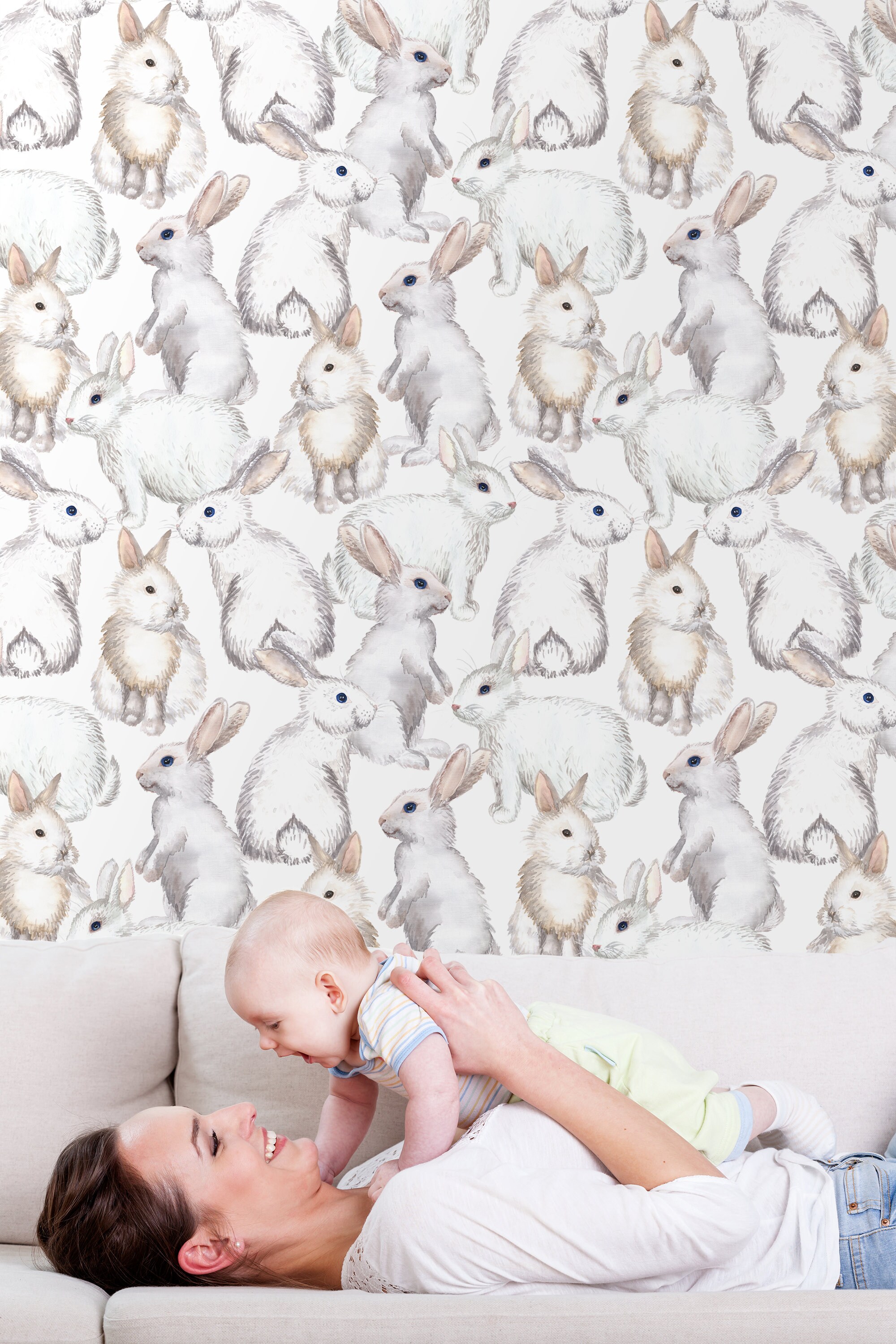 White rabbit self adhesive wallpaper nursery wallpaper | Etsy