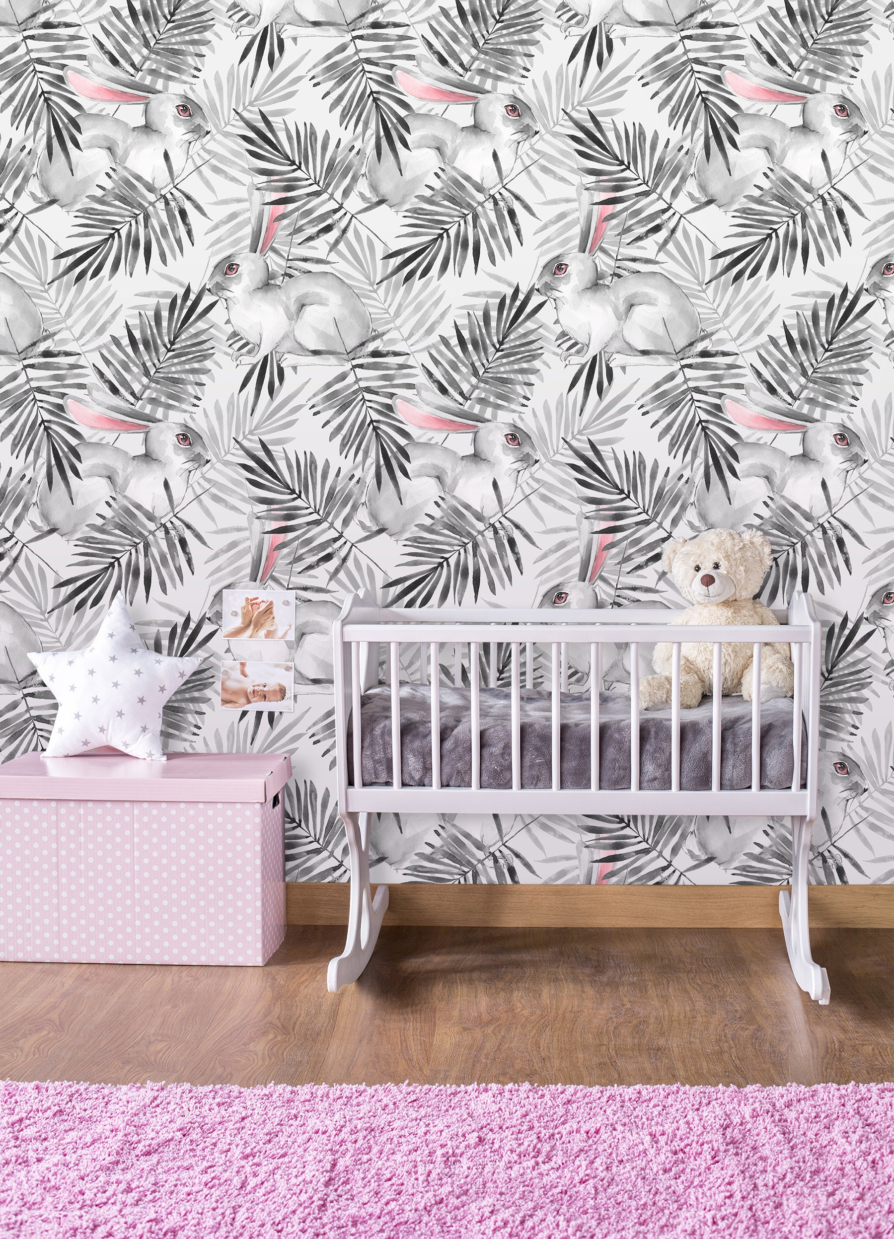 White Rabbits Nursery Wallpaper Watercolor Hand Painted Wall | Etsy