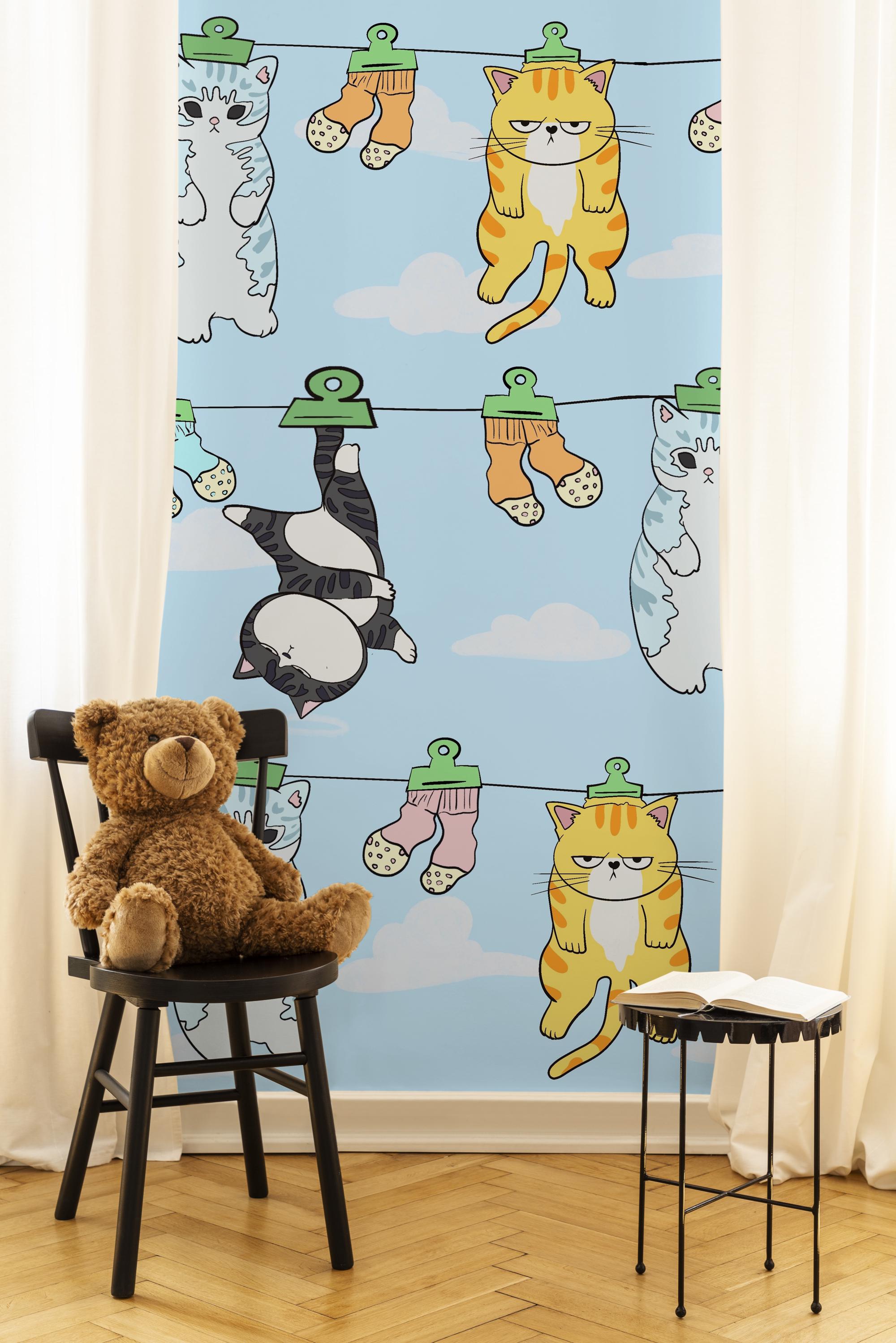 Goofy Cute Cats Wallpaper, Light Blue, Colorful Pattern Wall Mural ...