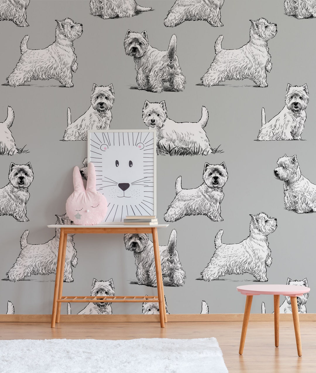 Buy Gray Wallpaper With Dog Pattern for Kids Room, Peel and Stick, Self ...