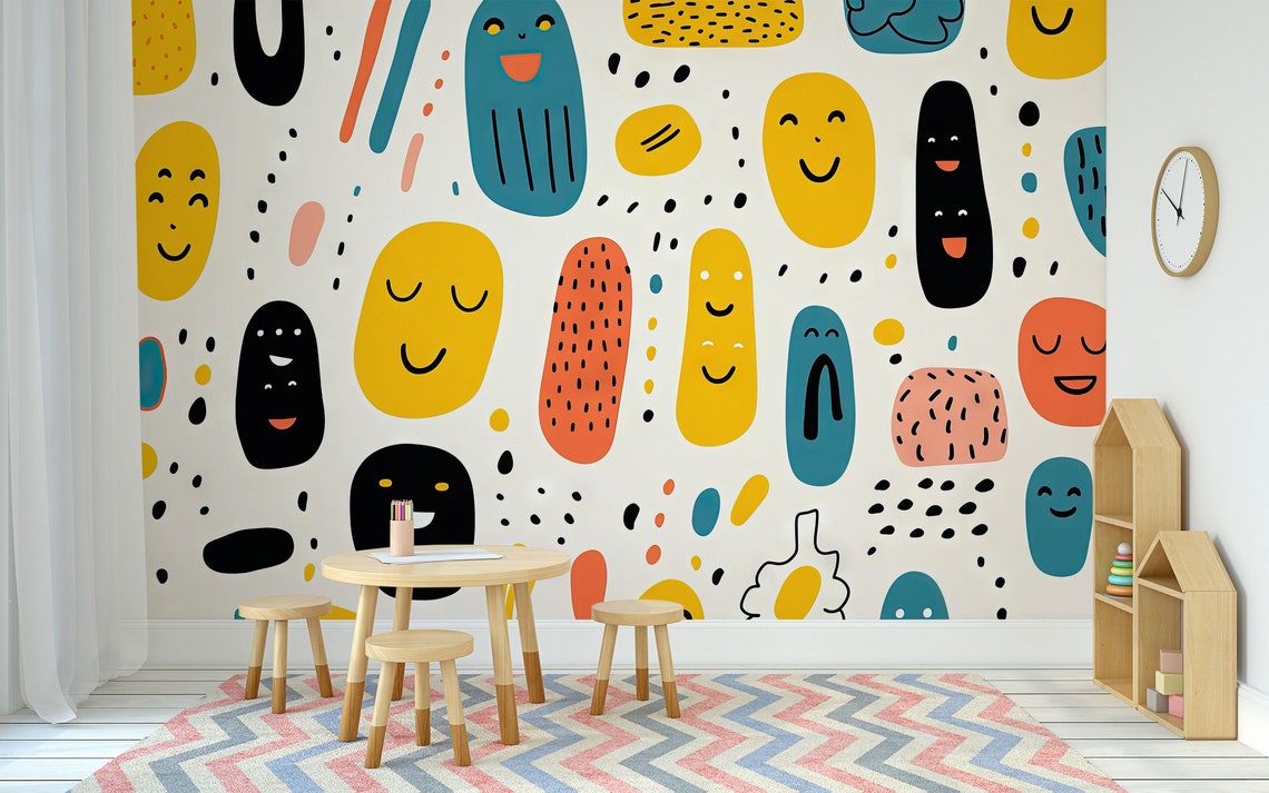 Abstract Wall Mural, Kids Wallpaper, Happy Faces, Nursery Wall Print ...