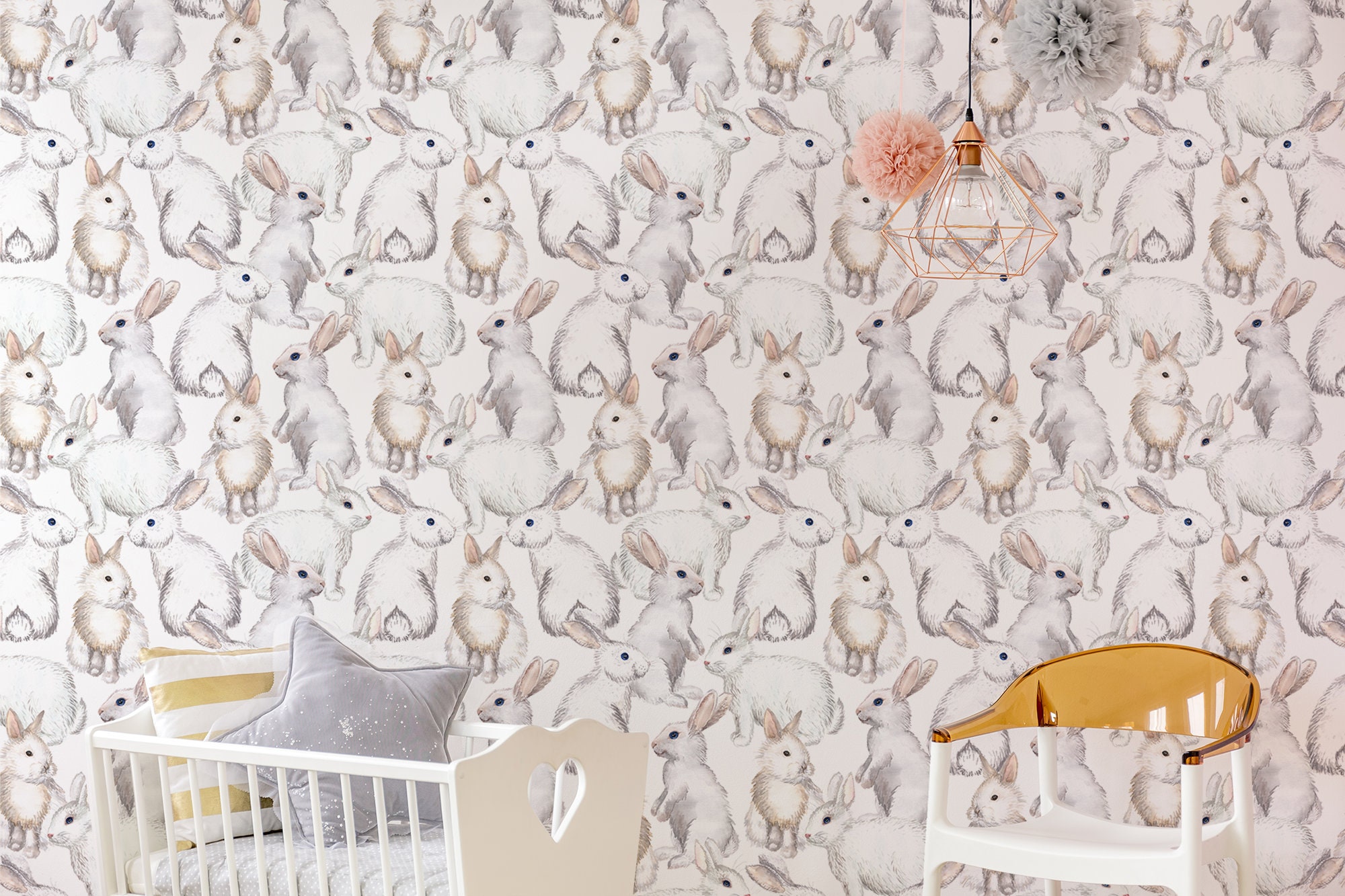 White rabbit self adhesive wallpaper nursery wallpaper | Etsy