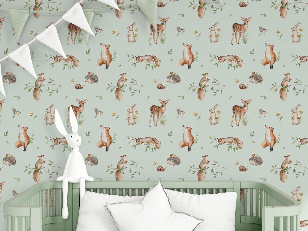 Forest Friends Wallpaper, Animal Wallpaper for Kids Room, Watercolor ...