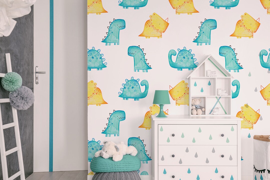 Blue and Yellow Dino Wallpaper, Hand Drawn Dinosaur Nursery Wallpaper ...