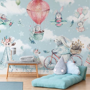 Blue Wallpaper for Children's Room, Bunnies in Balloons, Kids Wallpaper ...