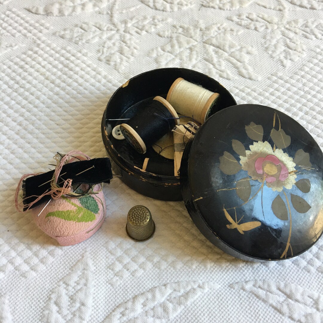Vintage Floral Enamel Painted Sewing Box to Hold Thread, Needles, Pins ...